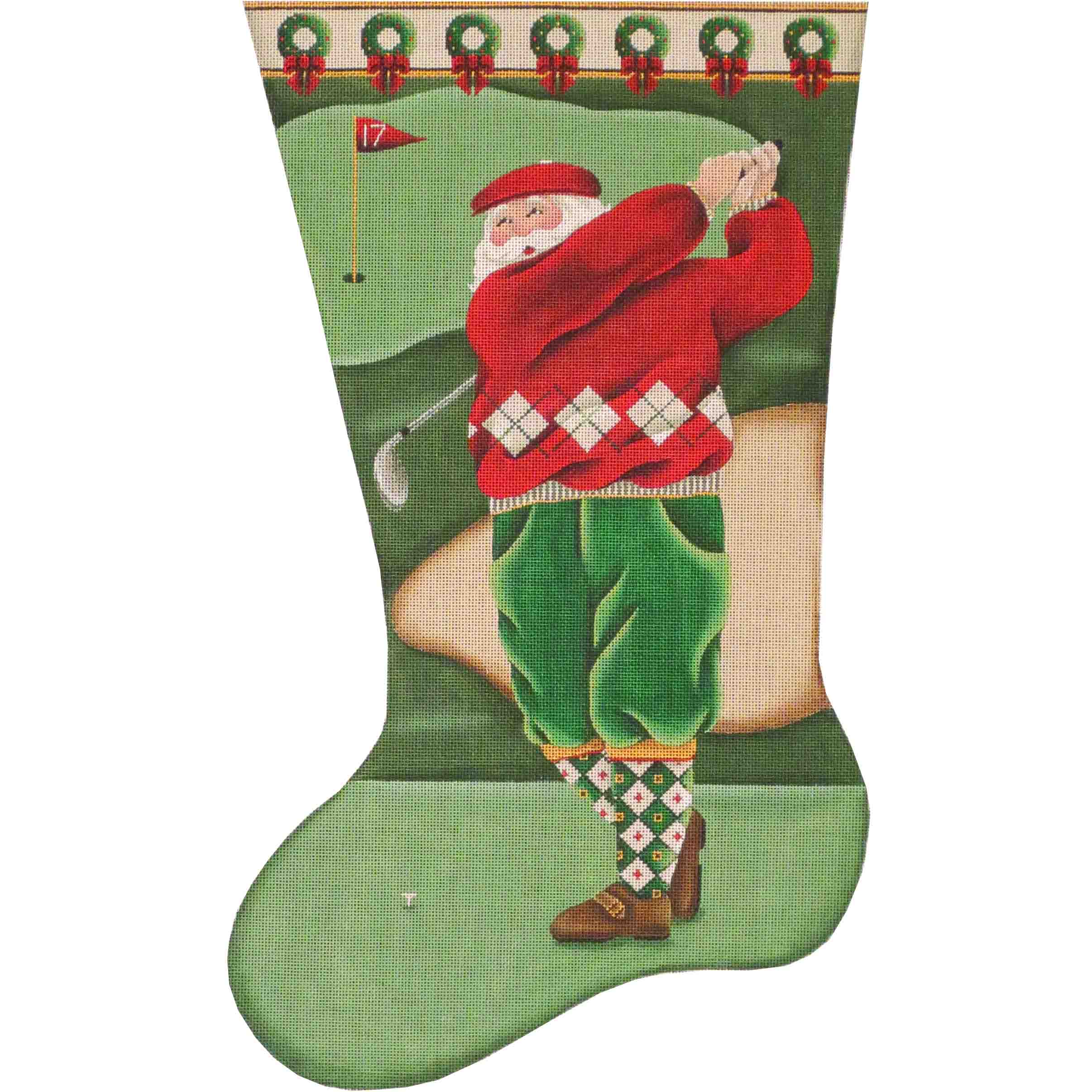 Needlepoint Handpainted Rebecca Wood Stocking Golf Santa Toe RIGHT – CL ...